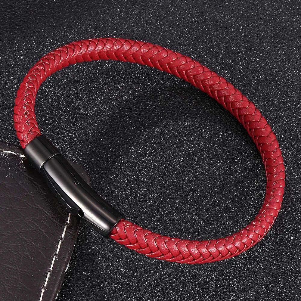 MKENDN Classic Men Women Stainless Steel Bracelet Wine Red Leather Bra