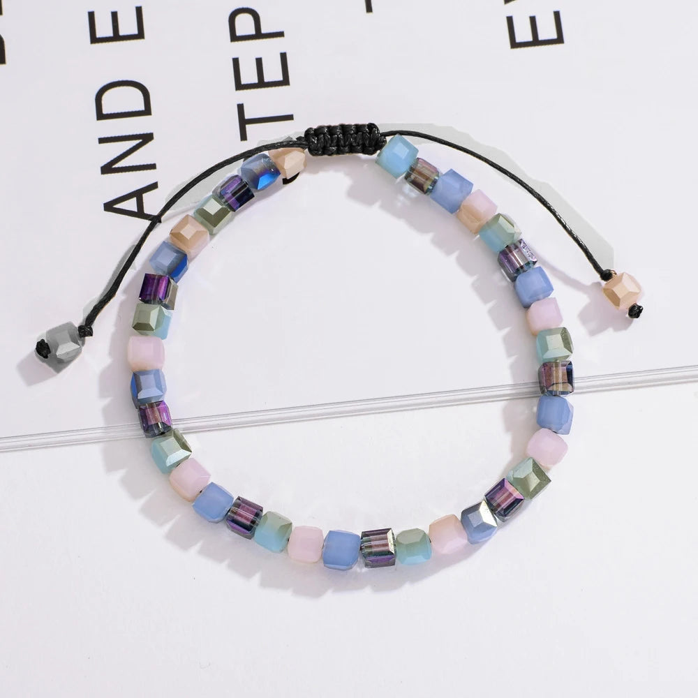 MKENDN Square Austrian Crystal Bead Bracelet Adjustable Braided Rope B